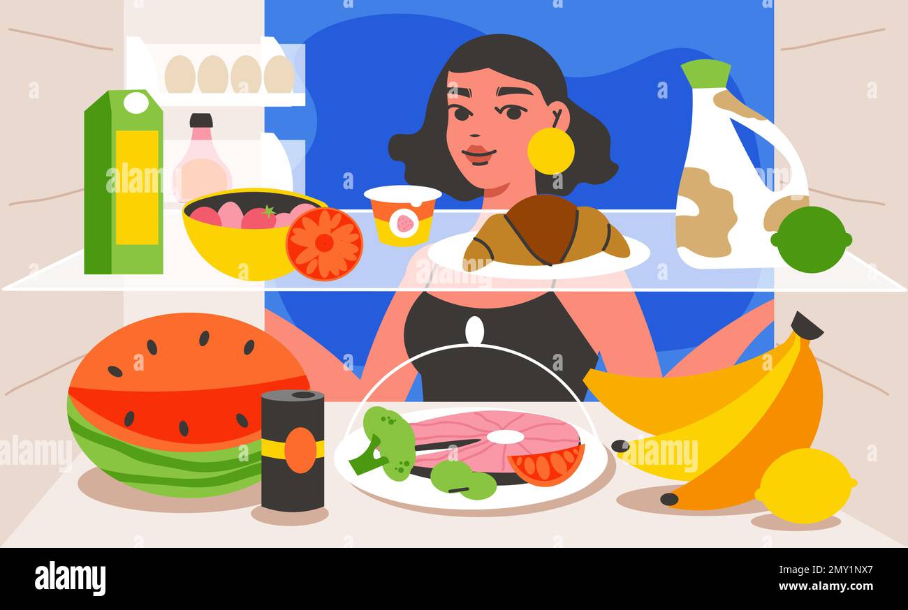 Fridge inside cartoon background with young girl choosing healthy ...