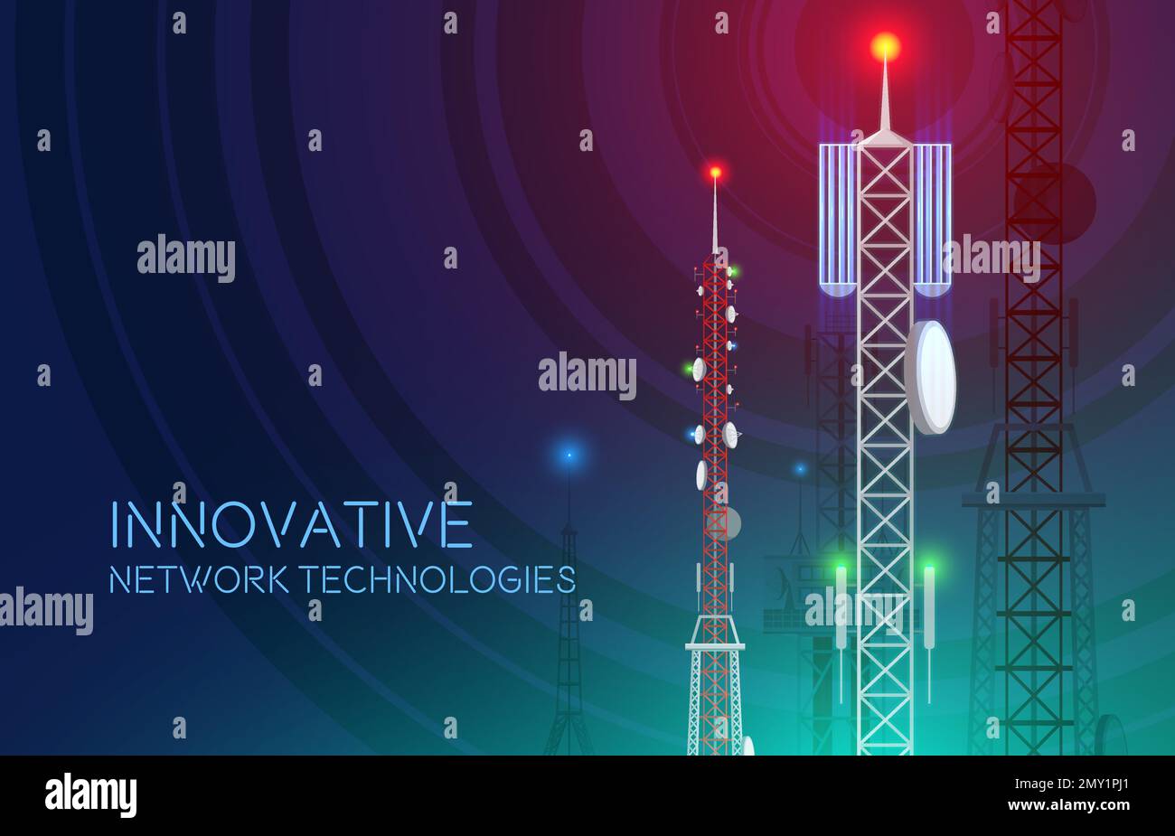 Communication towers background with editable text and view of cellular towers with spreading ...