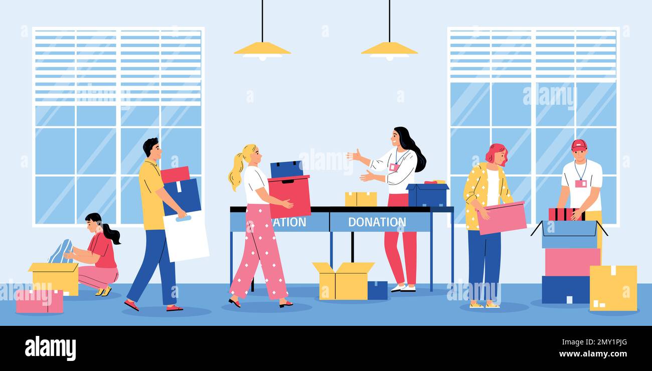 Flat charity composition with team of volunteers working with donation ...