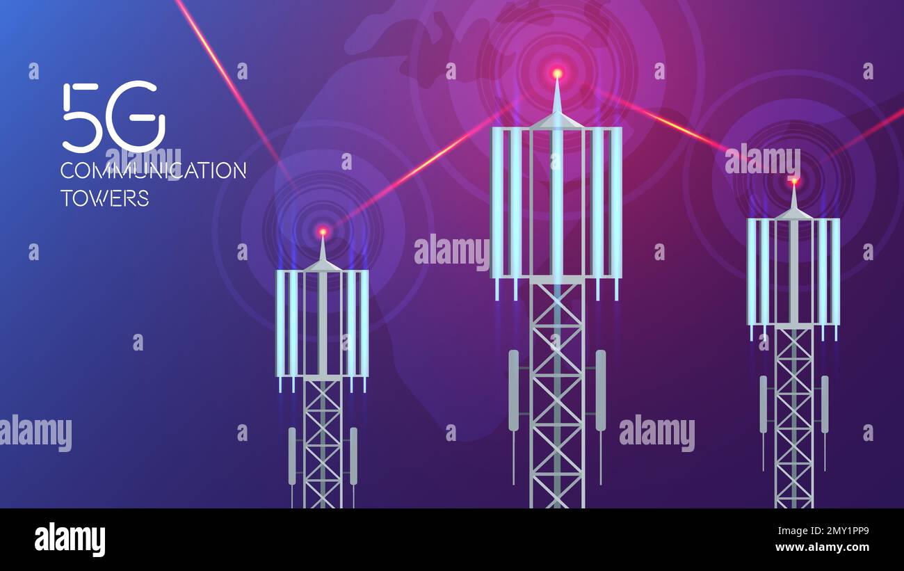 Communication towers 5g composition with radio waves lasers background and text with images of ...