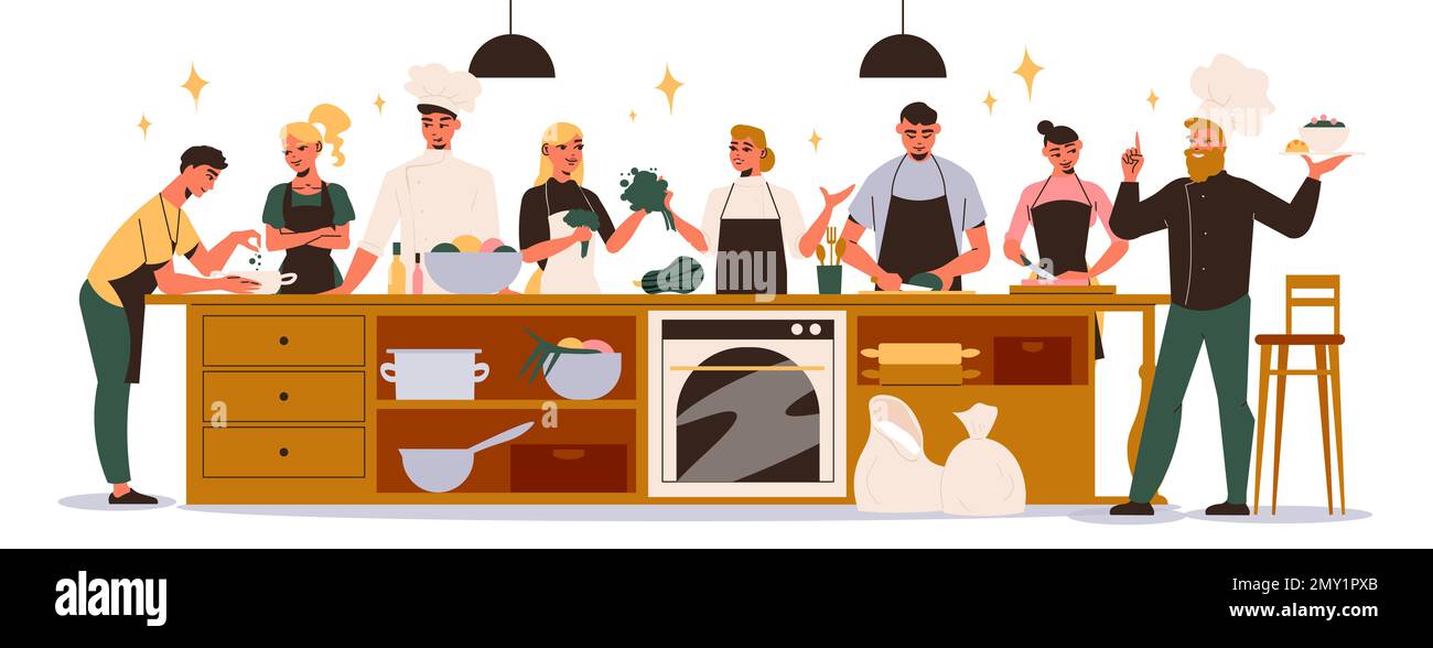 Culinary classes flat composition with group of adult people cooking ...