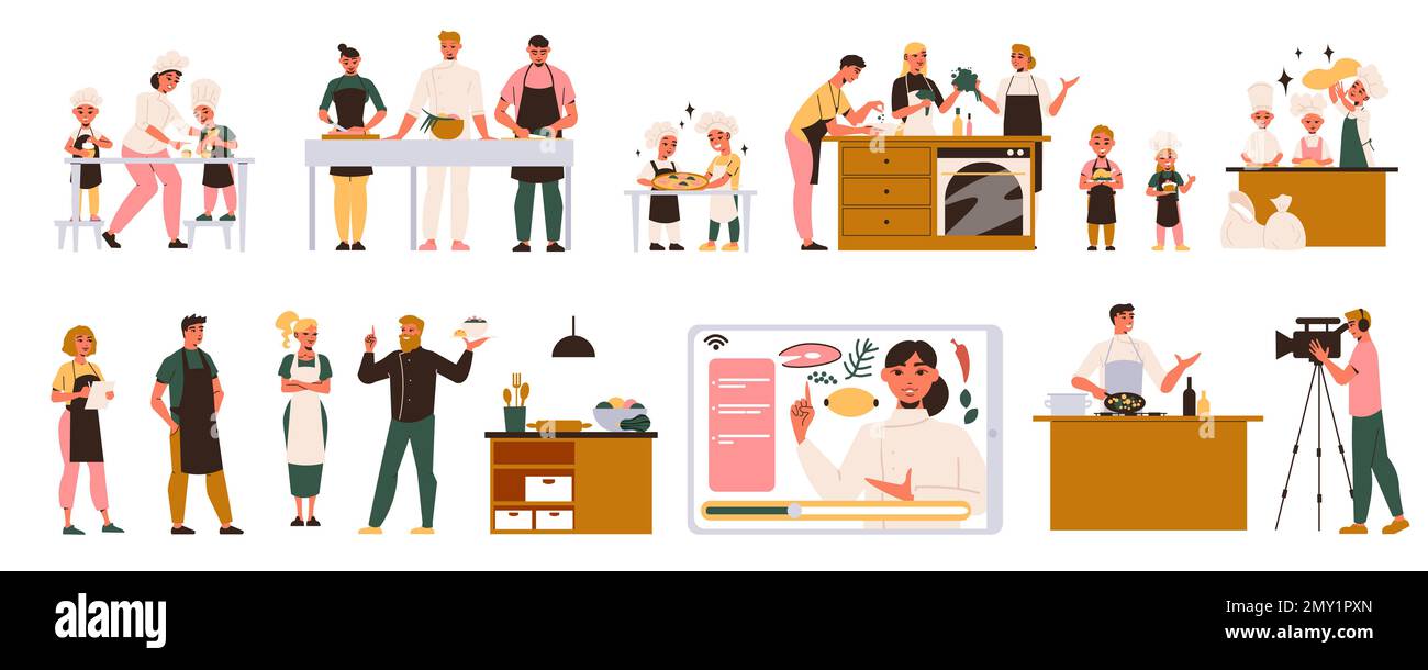 Culinary classes flat set of people in aprons preparing healthy meal in ...