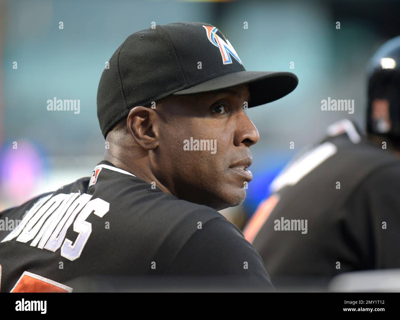 Miami Marlins hitting coach Barry Bonds looks on during the first ...