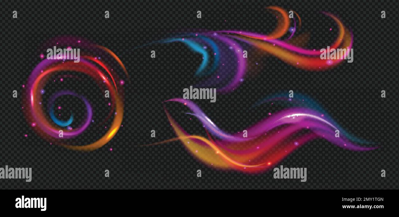 Realistic wind swirls rainbow set with isolated neon colored air puffs shiny particles on dark ...