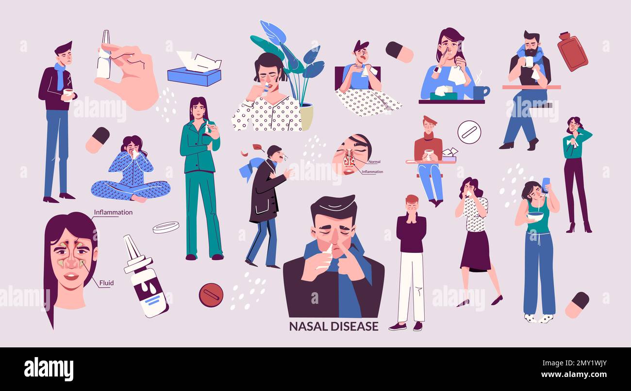 Nasal disease runny nose flat set of isolated icons doodle human ...