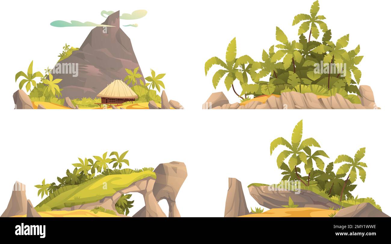 Tropical island cartoon composition set with jungle trees on stone ...