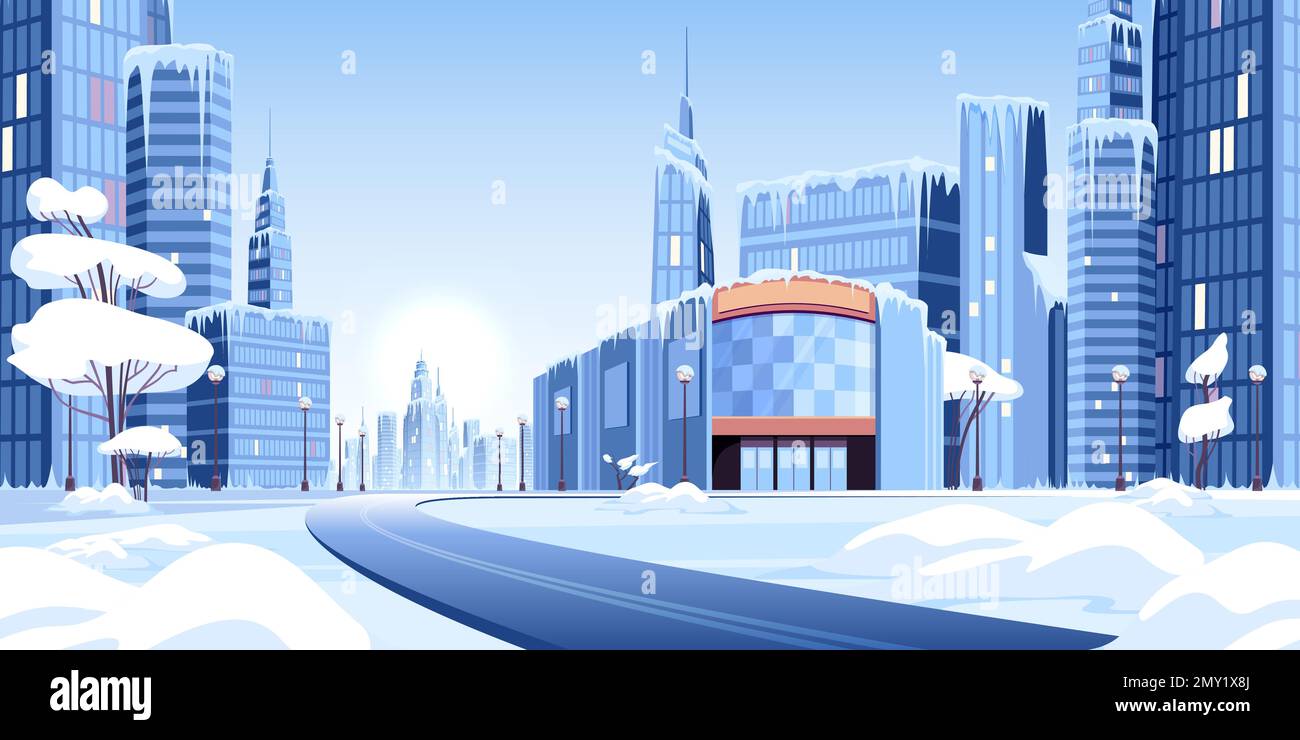 Ice snow modern city composition with winter view of urban area covered ...