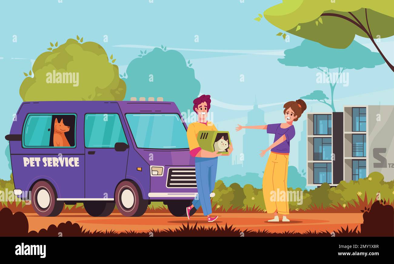 Pet service cartoon scene with courier carrying cat carrier vector ...