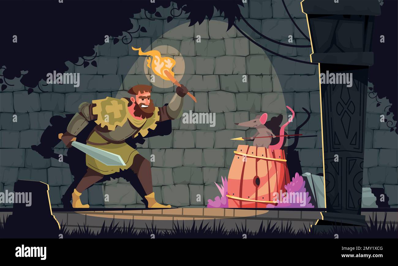 Dungeon cartoon composition with man holding sword in medieval castle ...