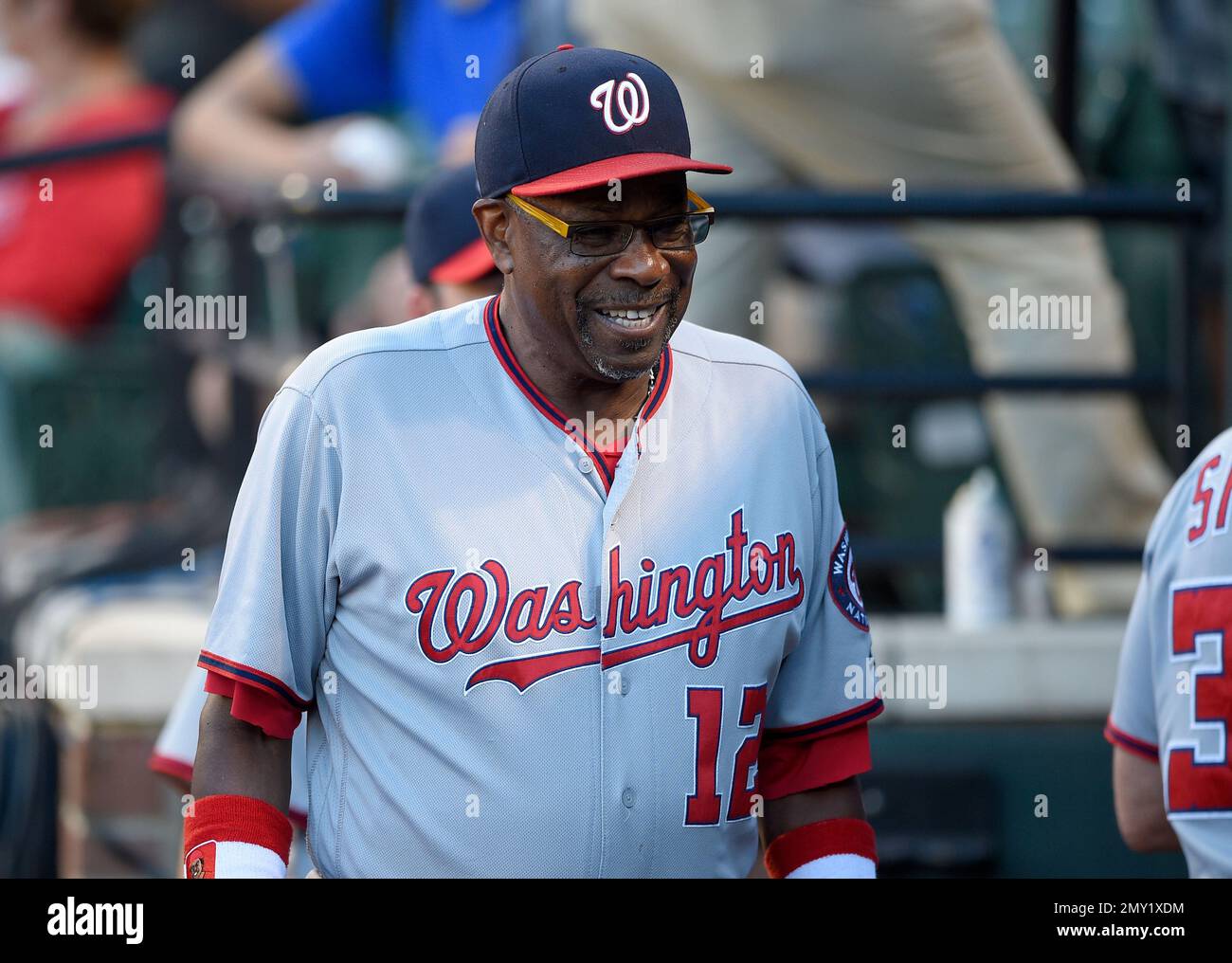 Washington Nationals manager Dusty Baker reacts in the dugout before a ...