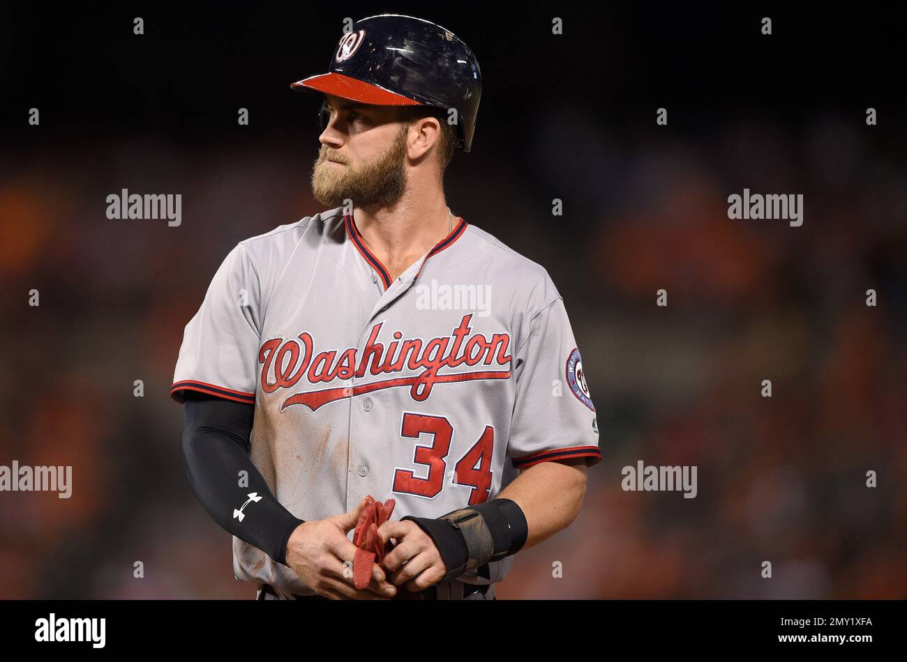 Washington Nationals' Bryce Harper looks on during a baseball game ...