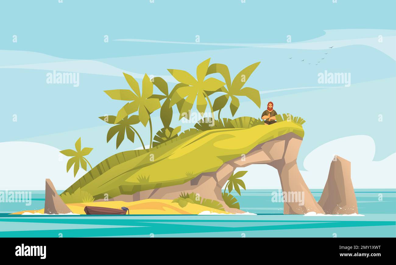 Tropical island cartoon with lonely man on forest stone vector ...
