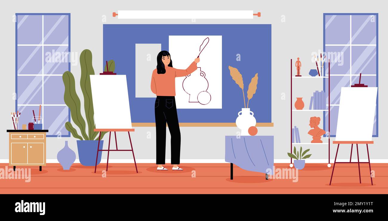Art school lesson modern classroom interior with female teacher drawing ...