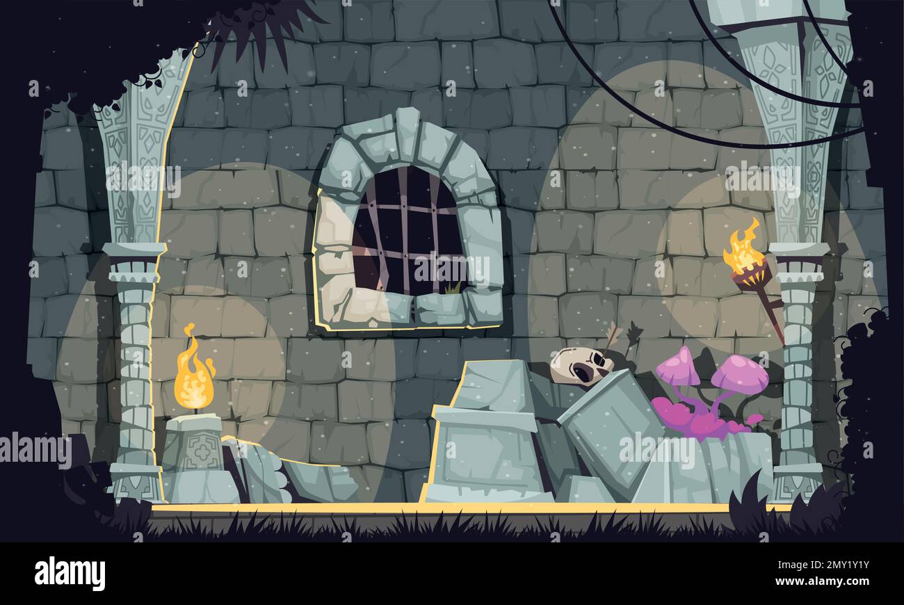 Medieval dungeon cartoon with skeleton and torches in castle basement ...
