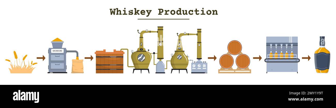 Whiskey production flat infographics with diagram view of isolated icons representing different ...