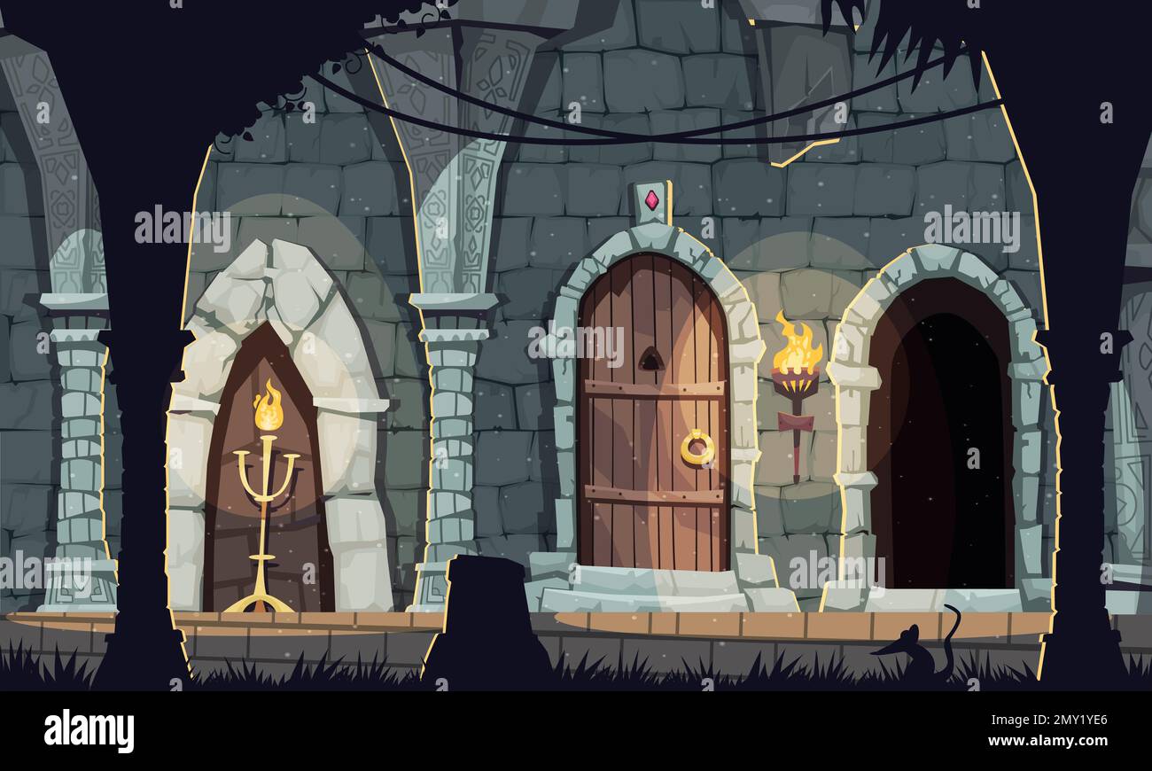 Medieval castle dungeon cartoon composition with stone and wood ...