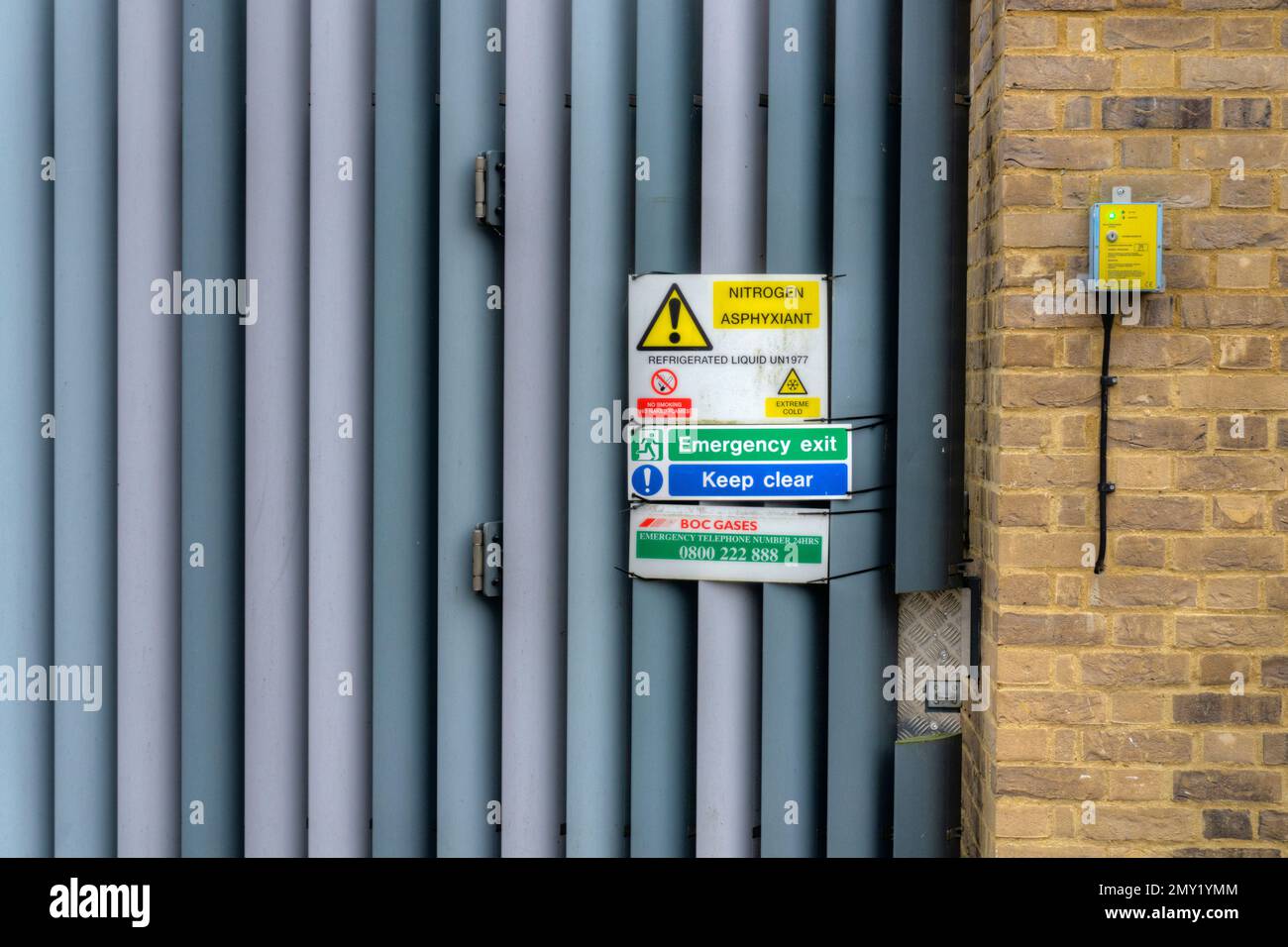 Health and safety hazard warning signs on slatted wall shades of blue ...