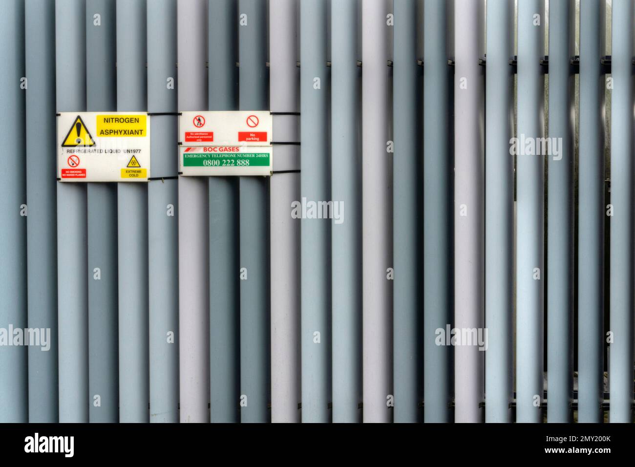 Health and safety hazard warning signs on slatted wall shades of blue ...