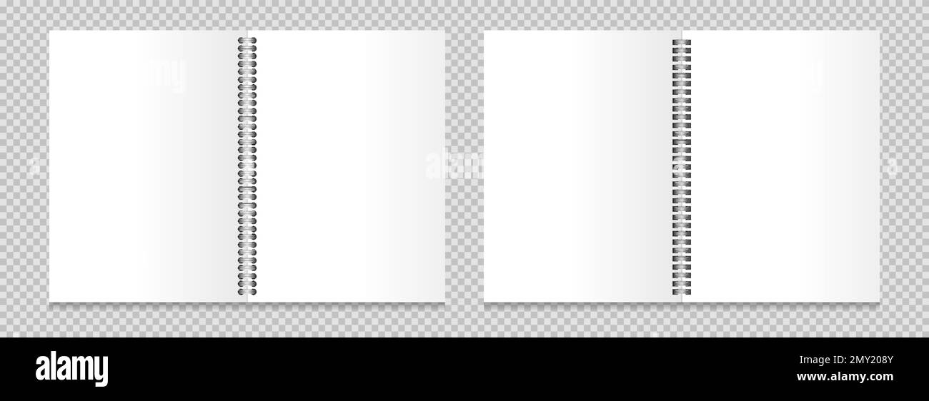 Realistic metal binders set with isolated views of empty open notebooks with silver colored page ...