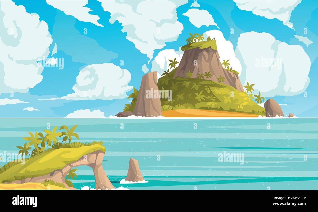 Tropical island landscape cartoon poster with colorful sea and ...