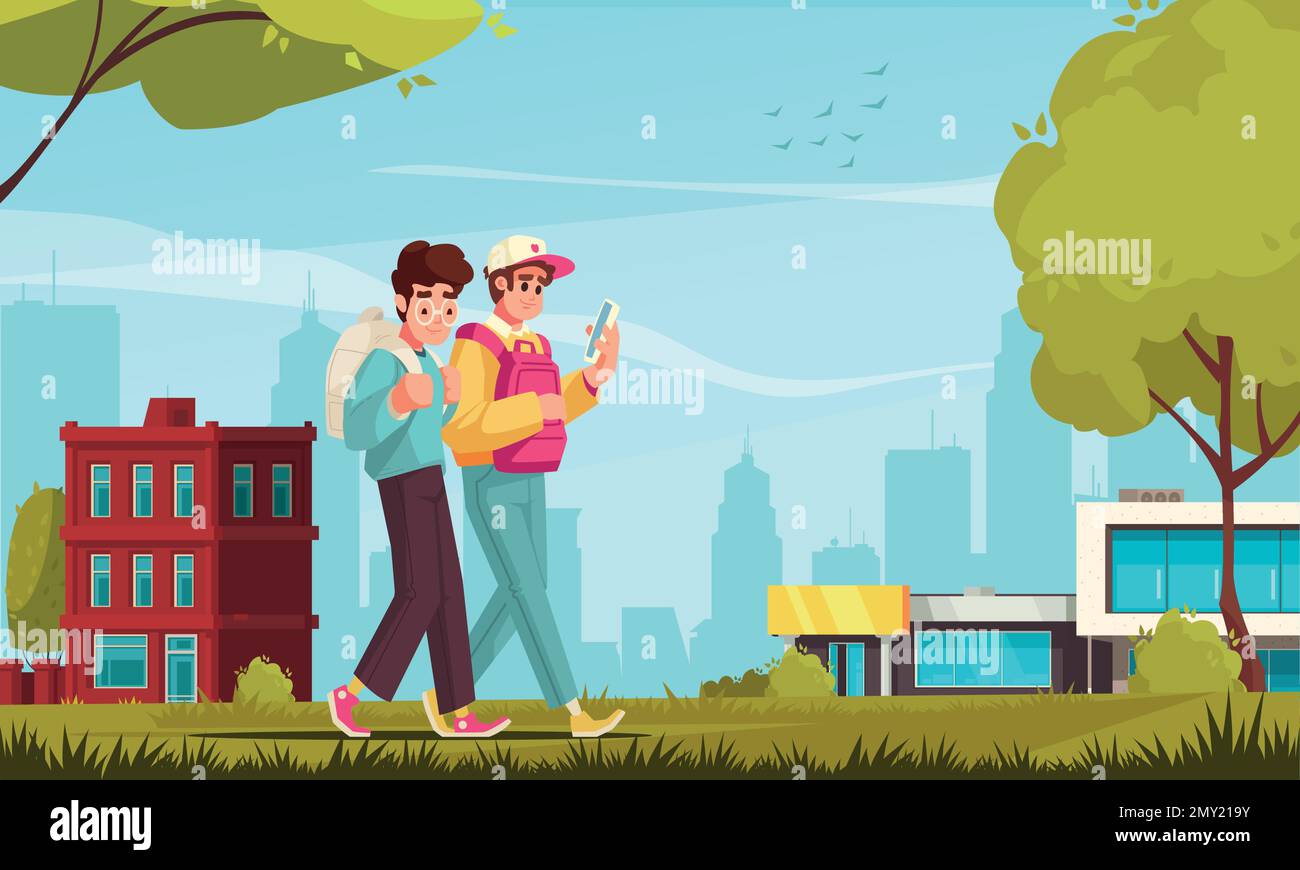 Students cartoon composition with teenagers with backpacks walking by ...