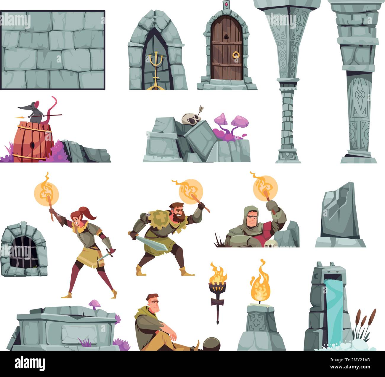 Medieval castle cartoon icons set with people with torches in dungeons ...