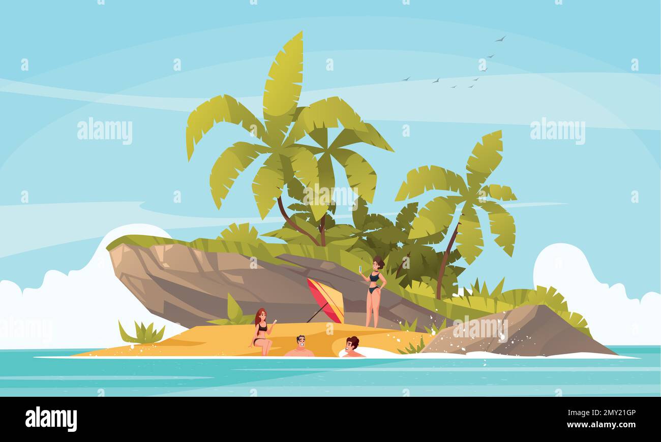Tropical island cartoon concept with people on lonely beach vector ...