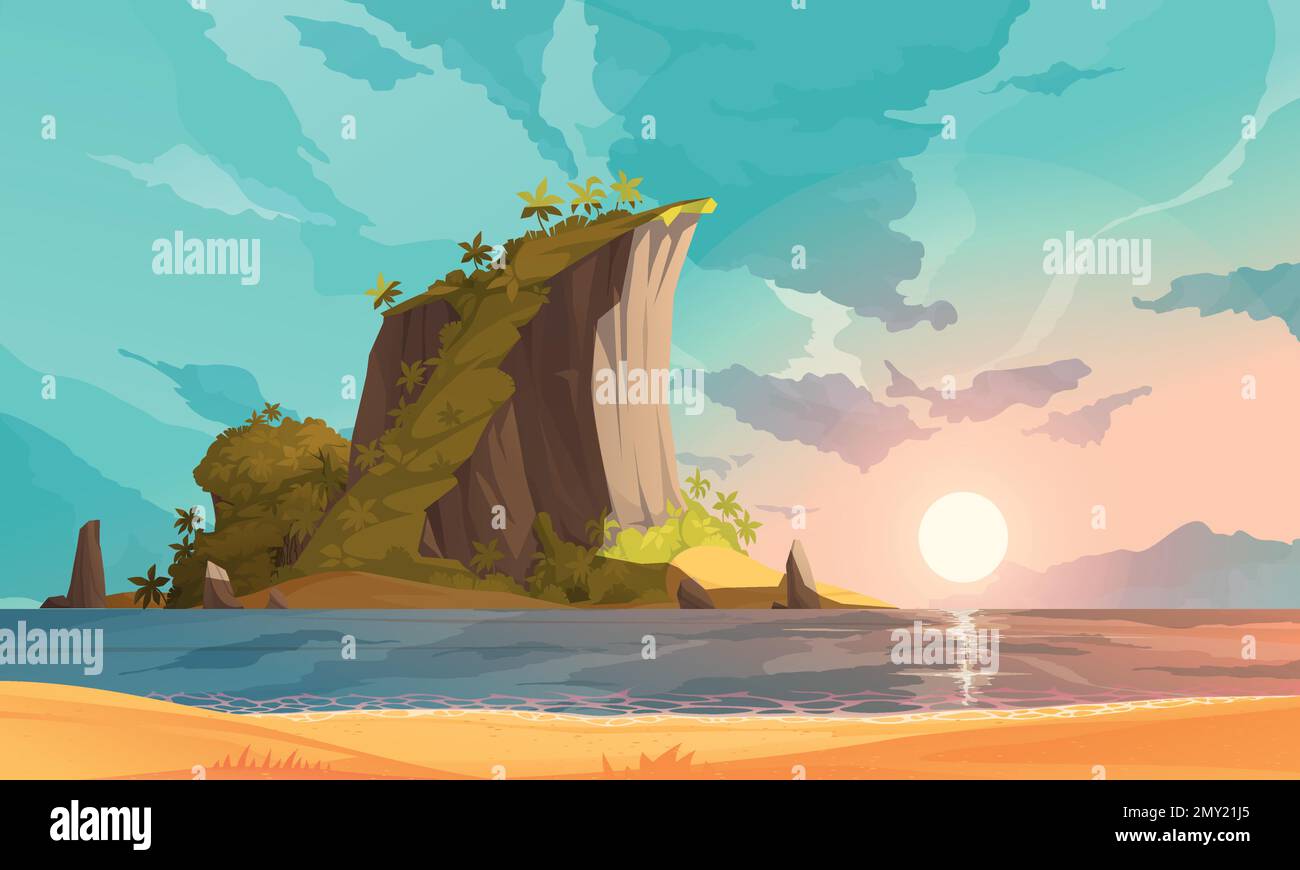 Tropical island cartoon poster with rising sun above sea vector ...