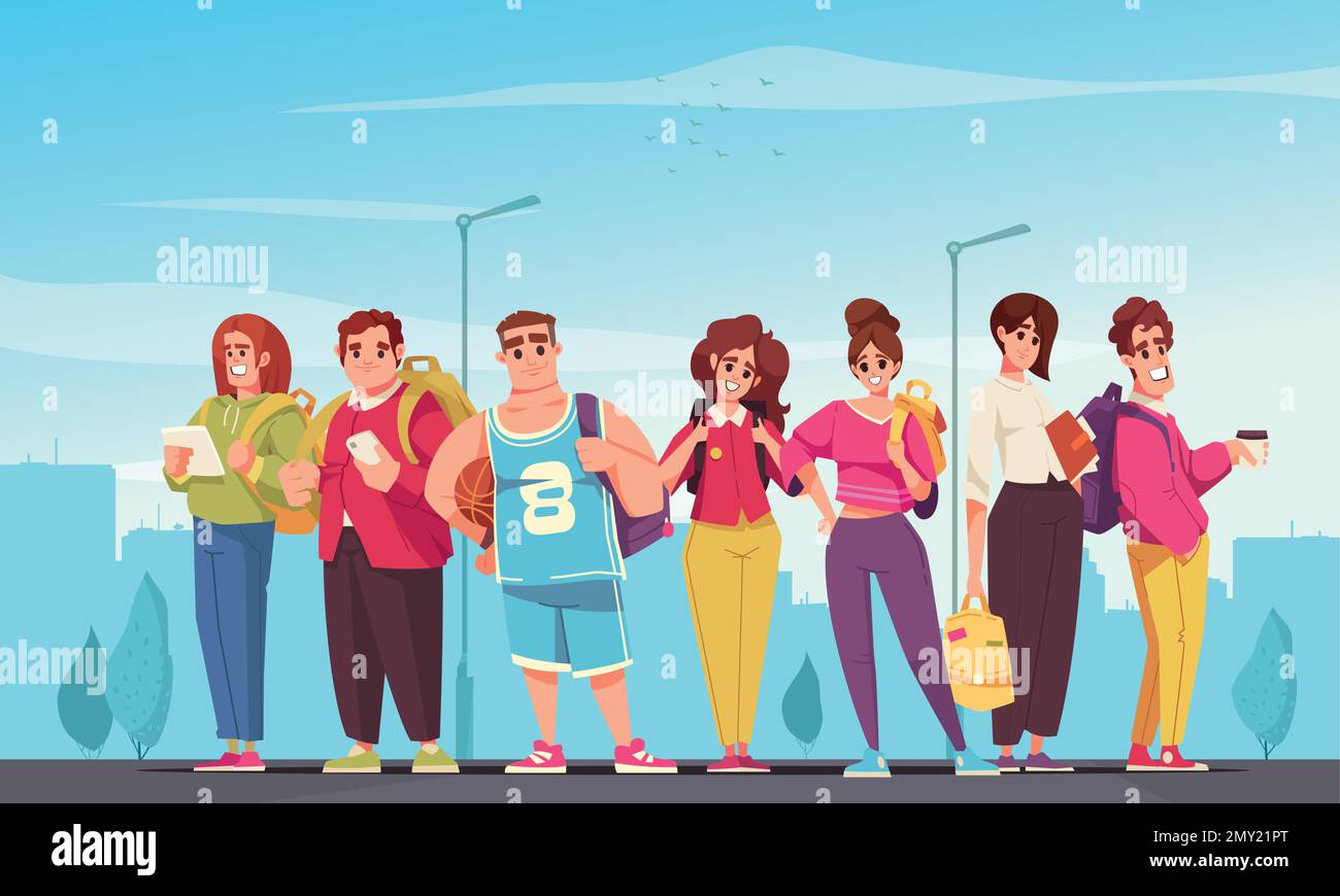Students with backpacks cartoon poster on city street background vector ...