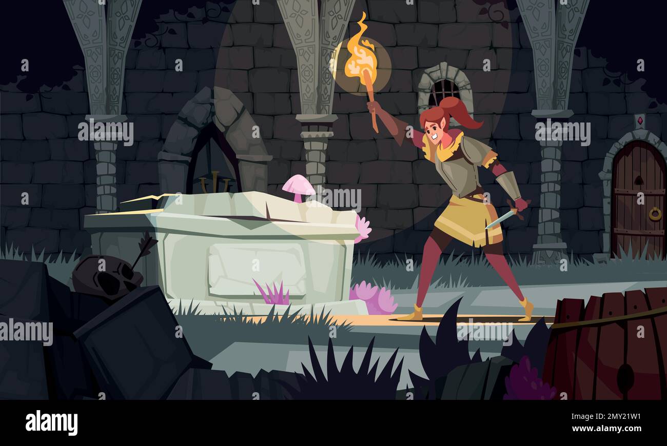 Dungeon cartoon concept with female warrior with torch in medieval ...