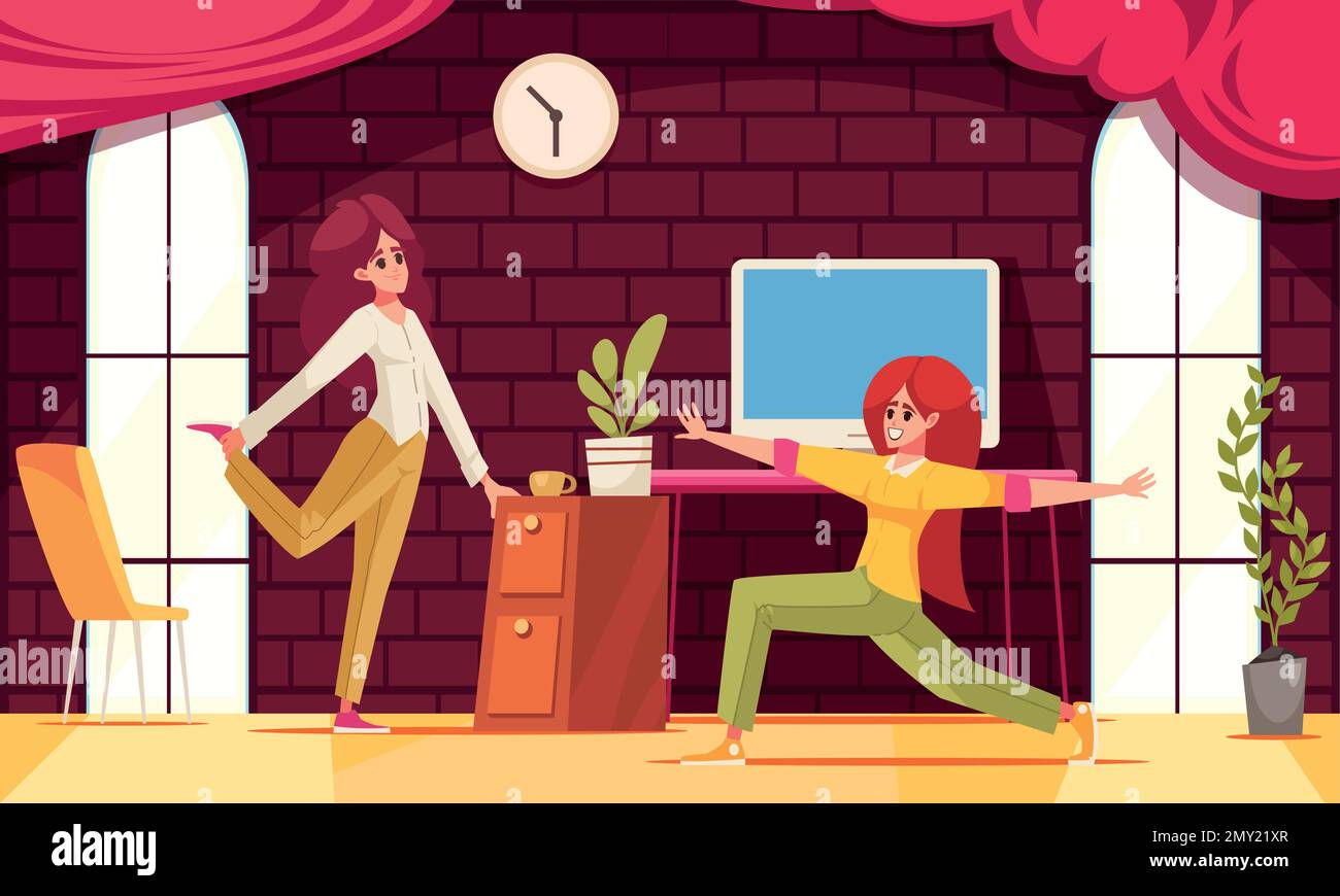 Workplace stretches cartoon poster wtih female employees doing sport exercises in office vector ...