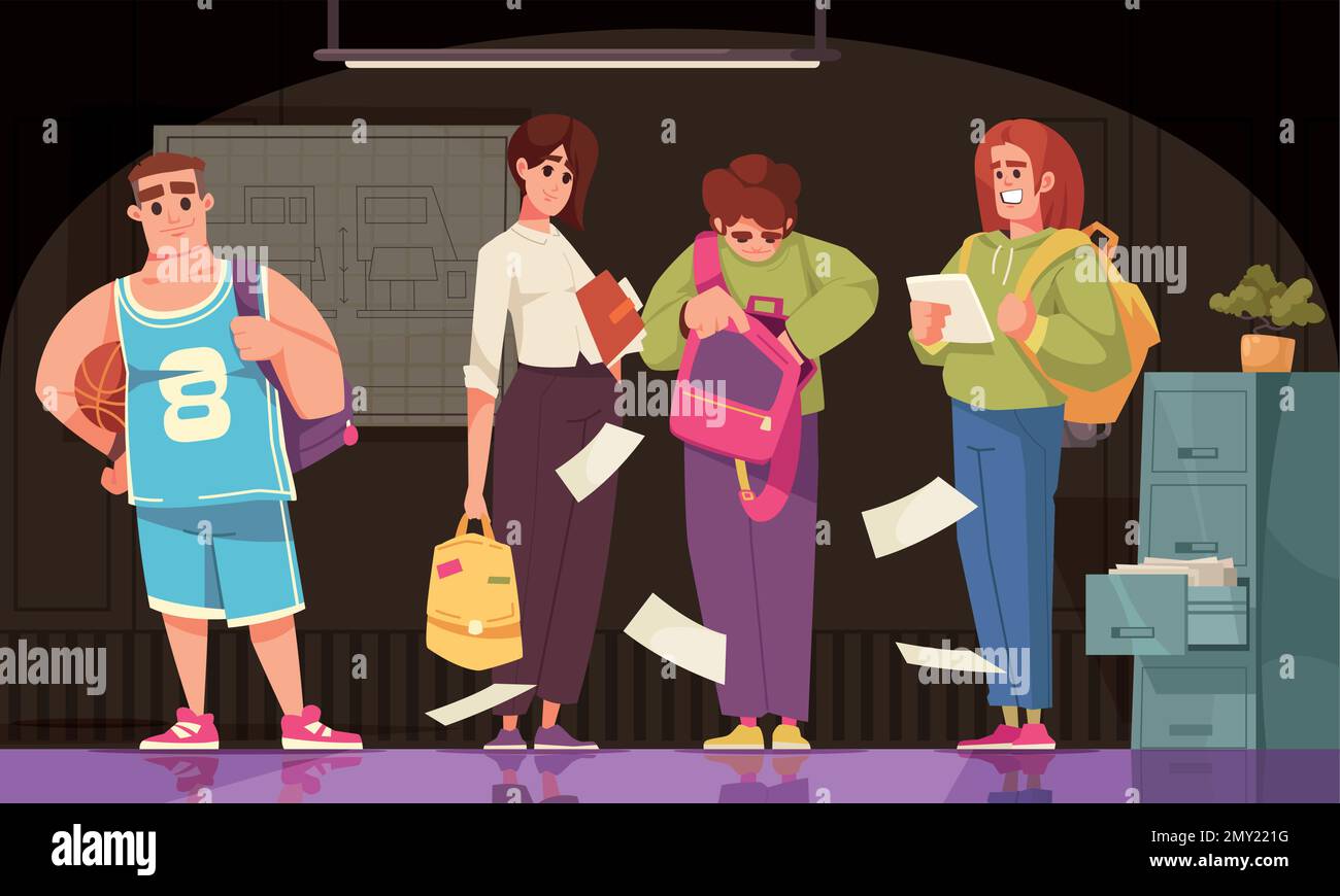 Students with backpacks cartoon poster in school interior vector ...