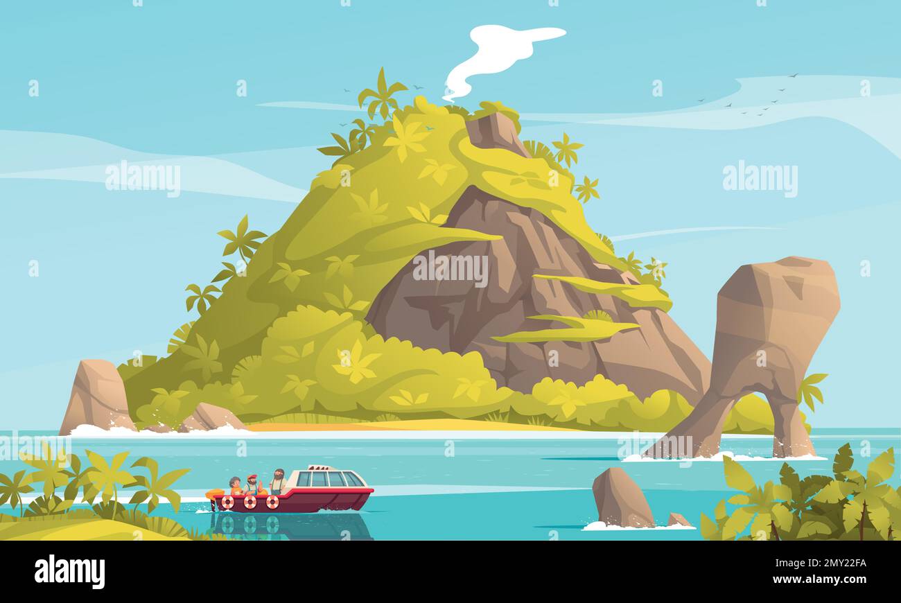 Tropical island cartoon poster with tourist boat at sea vector ...