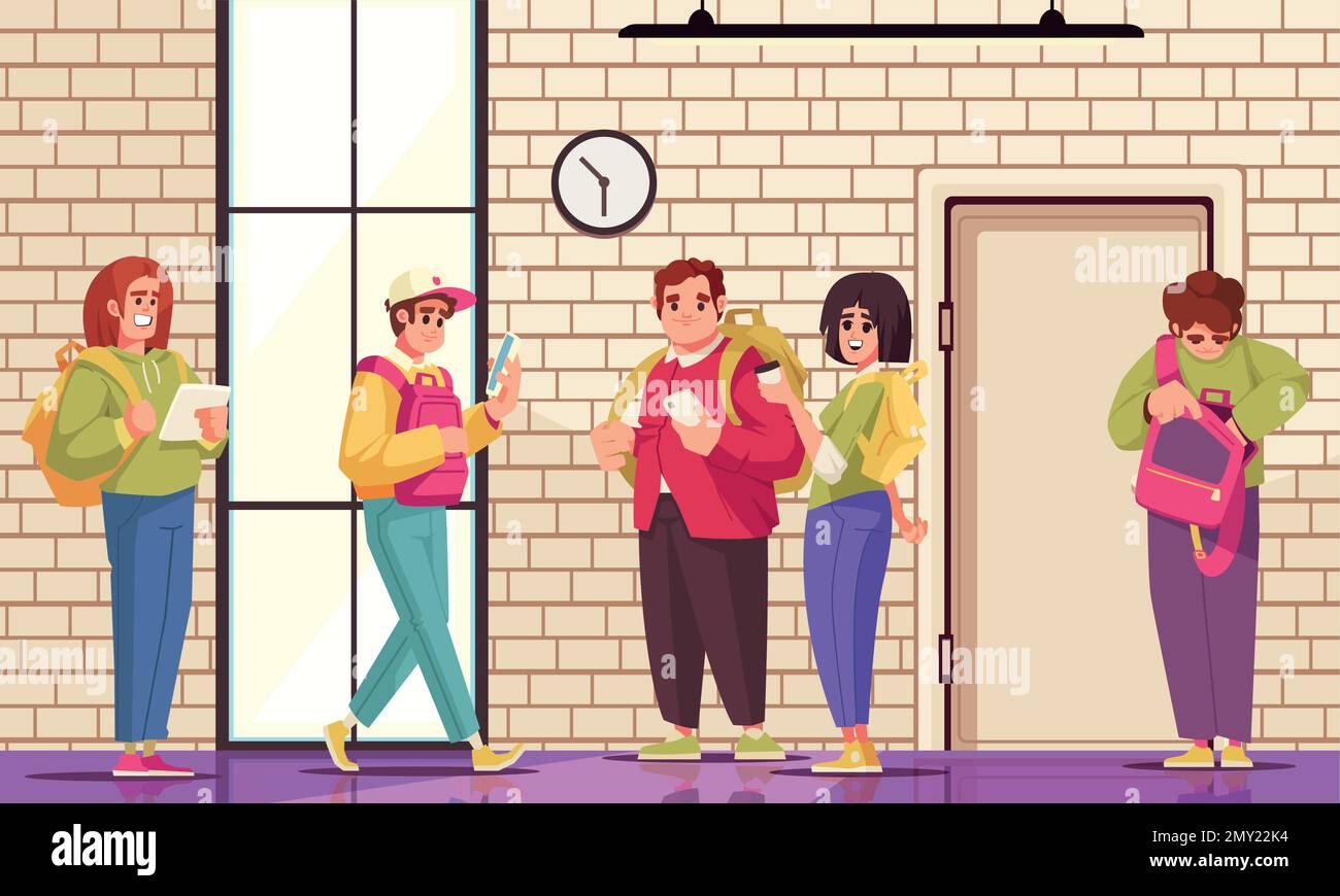 Students with backpacks cartoon poster in college corridor vector ...