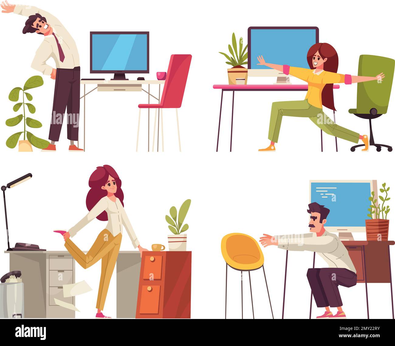 Workplace streches cartoon composition set with people having exercises ...