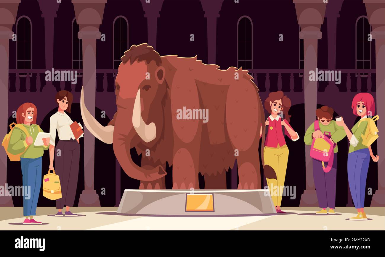 Students with backpacks on excursion in archeological museum cartoon ...