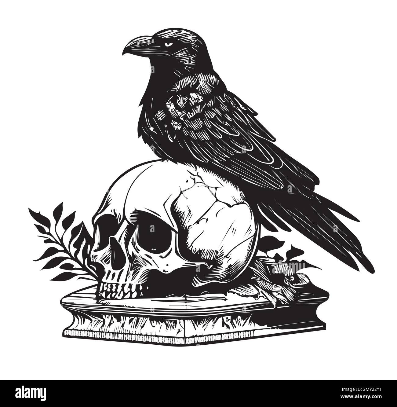 Raven sitting on a human skull hand drawn sketch in doodle style ...