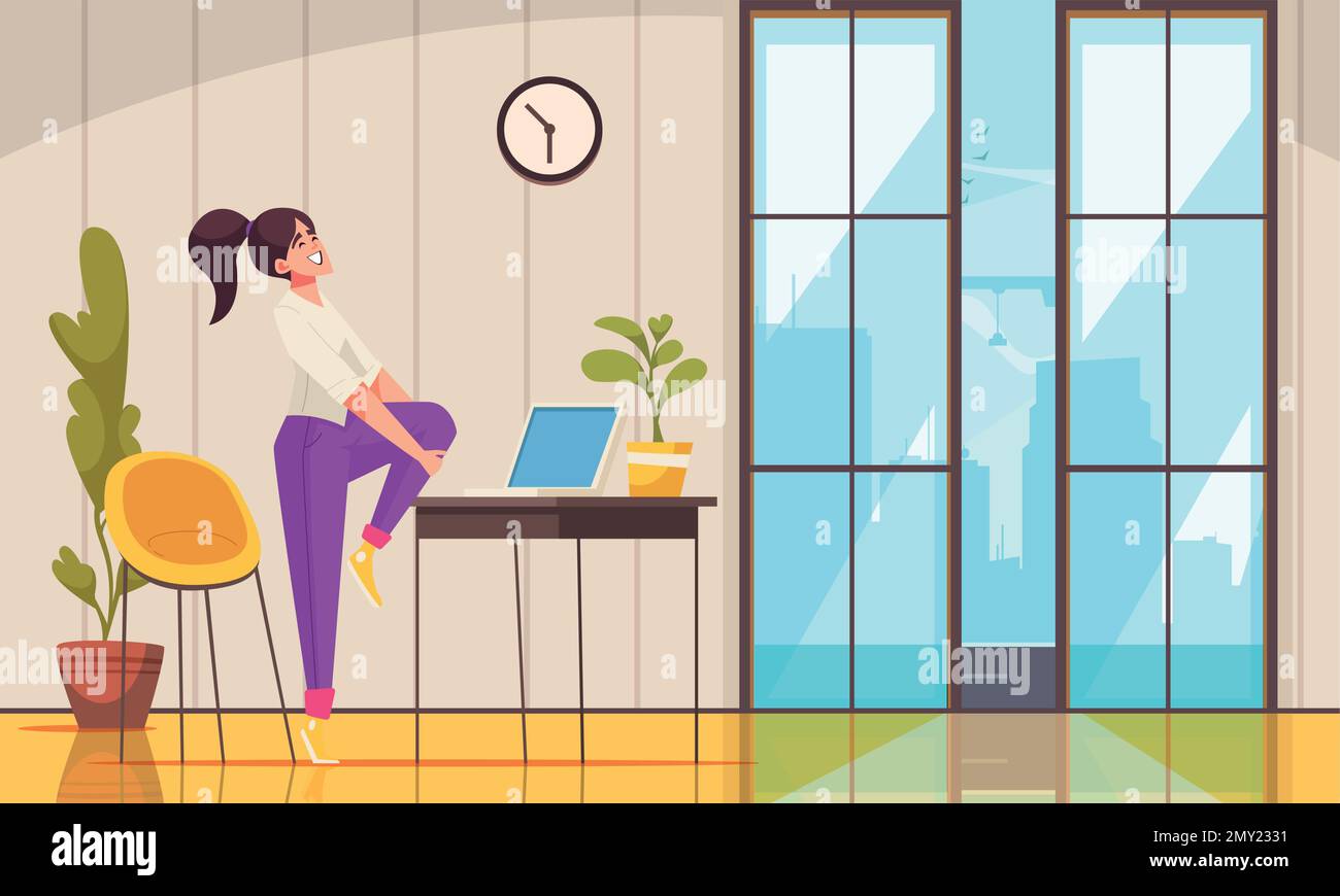 Workplace stretches cartoon poster with woman having exercises in ...
