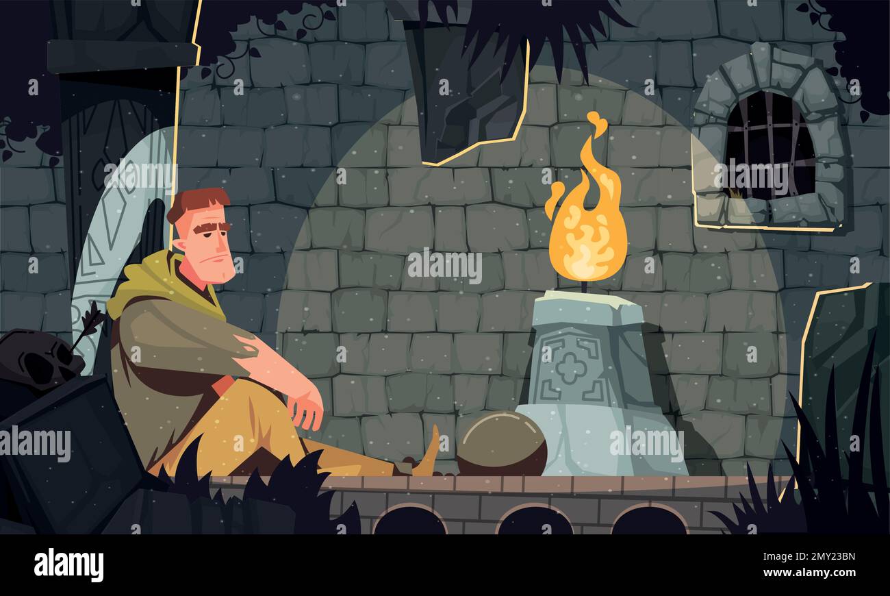Medieval dungeon cartoon poster with prisoner in castle basement vector ...