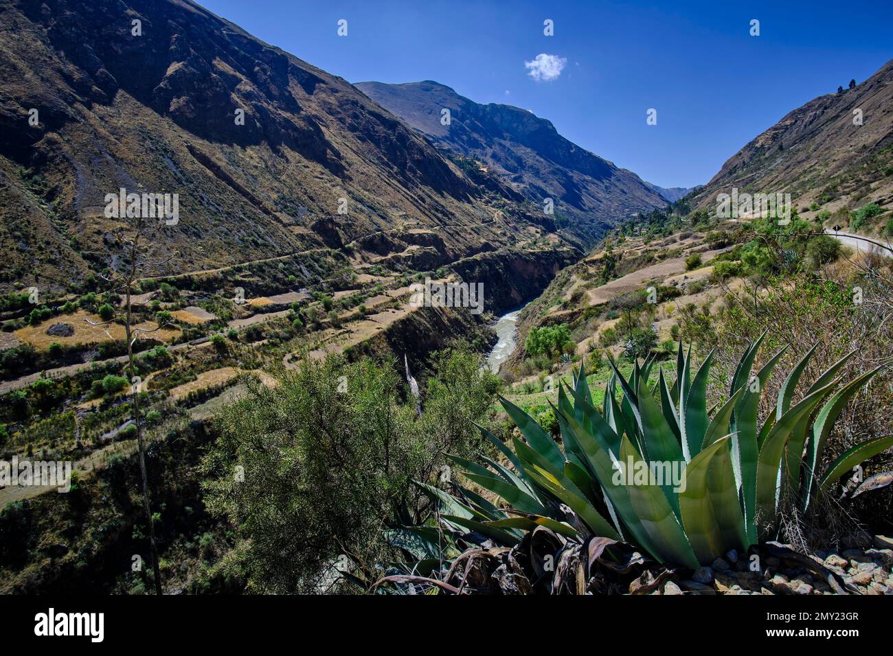 Arid landscape of sierra, mountains, grasslands, and sparse or shrubby ...