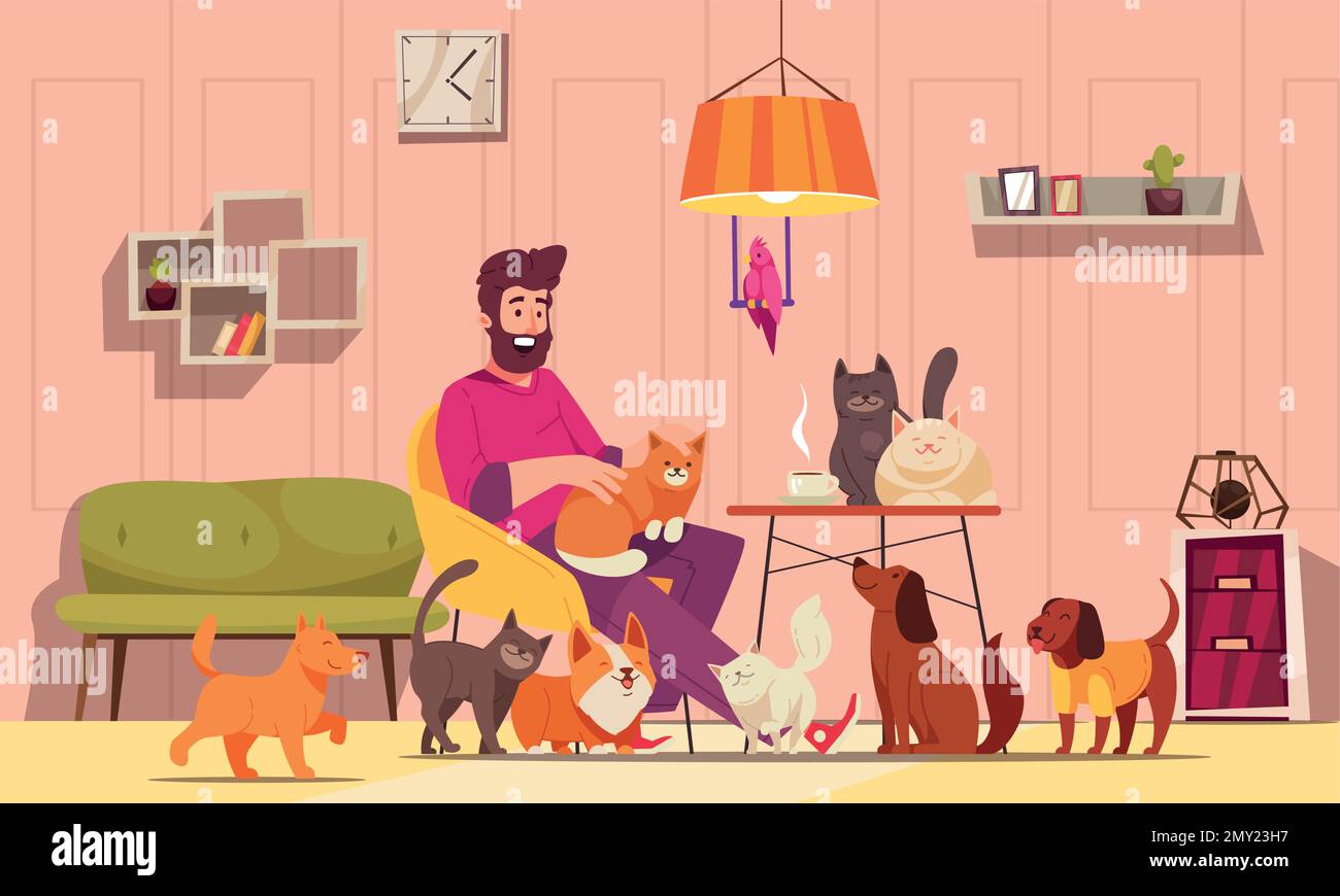 Cats and dogs male owner with his pets at home cartoon vector ...
