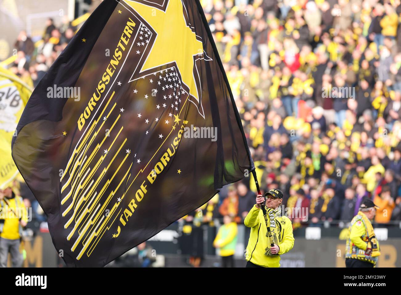 DORTMUND, GERMANY - FEBRUARY 4: Great flag of Dortmund supporters ...