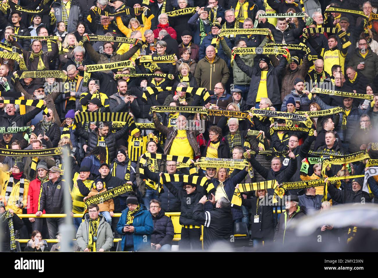 DORTMUND, GERMANY - FEBRUARY 4: Fans of Borussia Dordmund during the ...