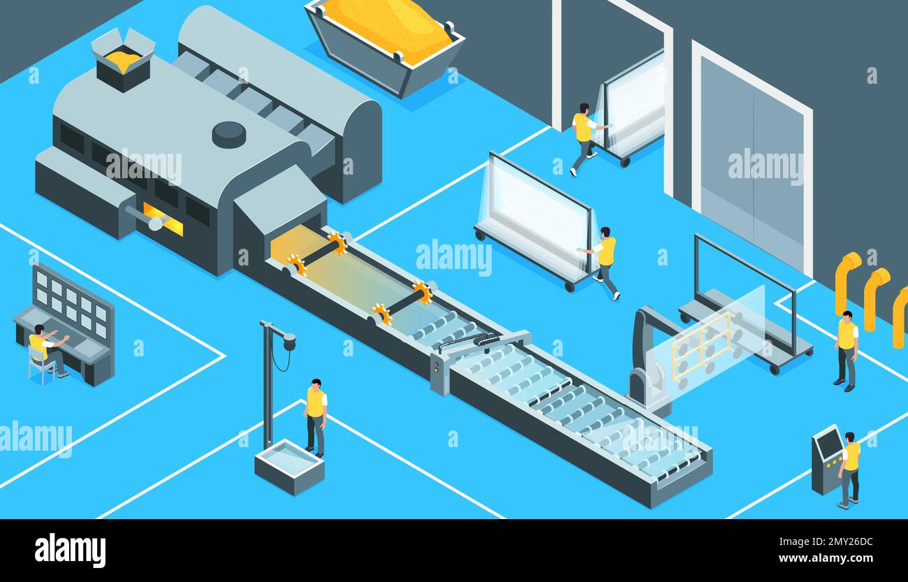 Glass production isometric background illustrated factory floor with ...