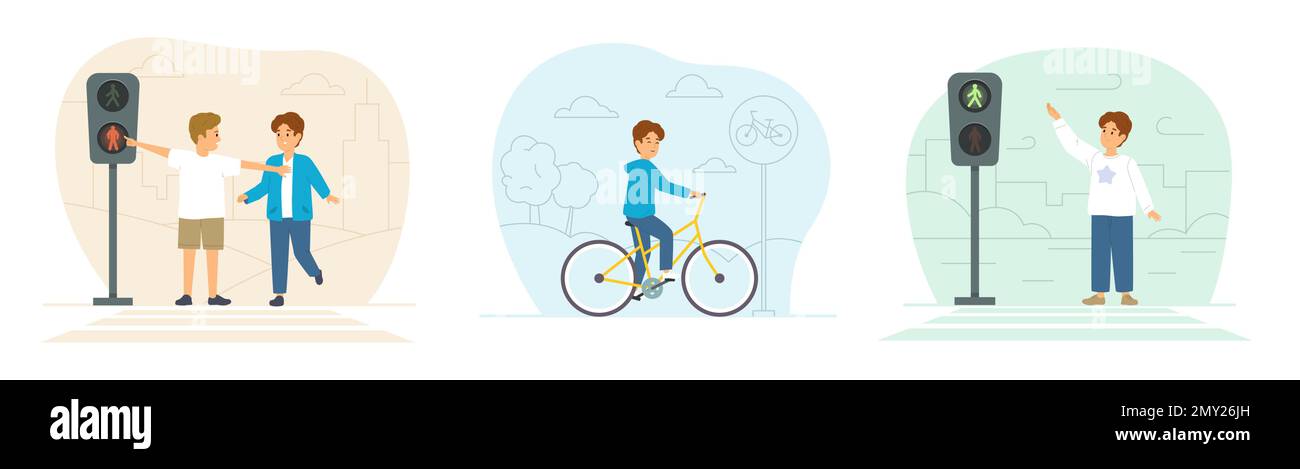 Children road rules set of isolated compositions with little kids ...