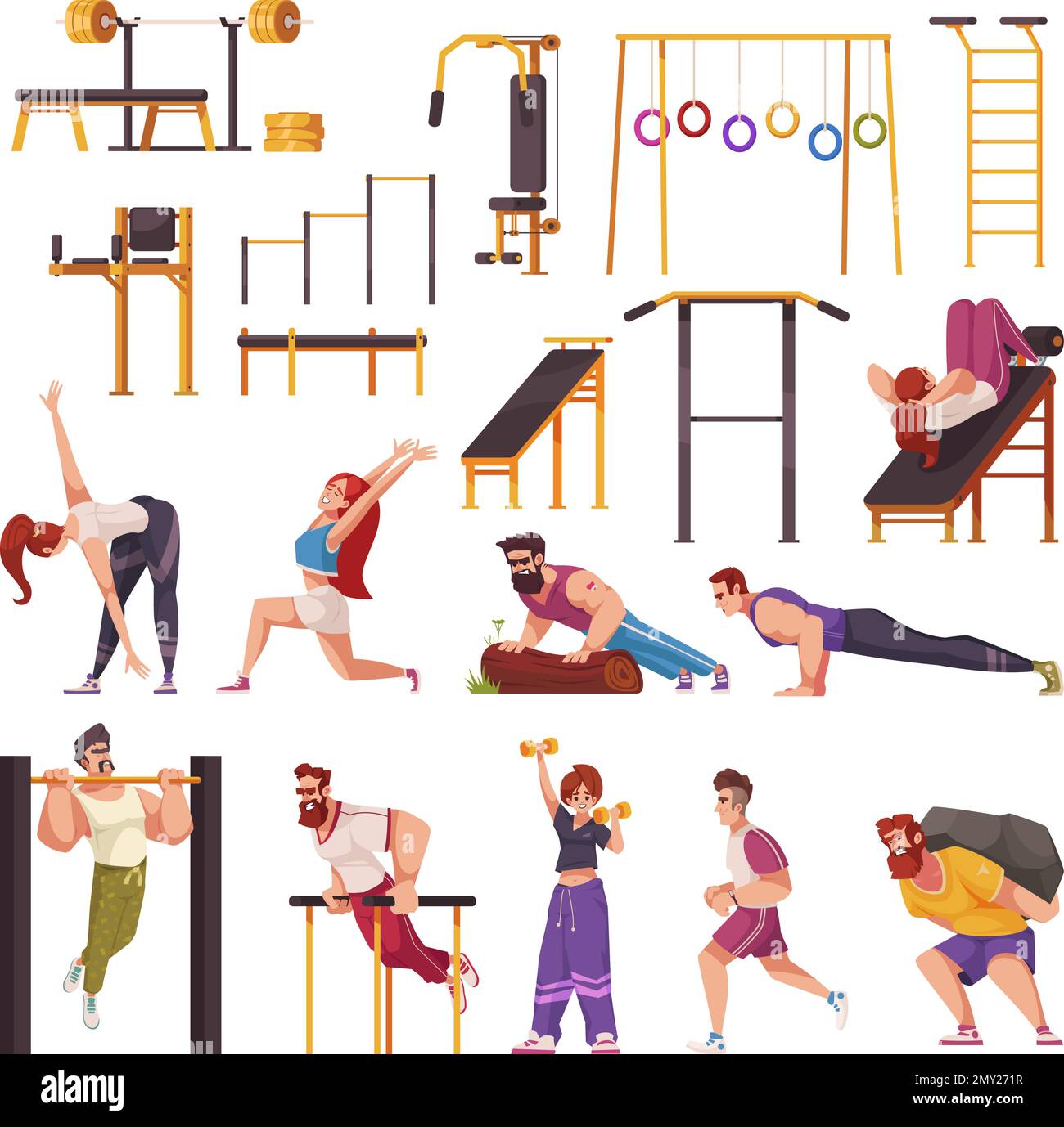 Workout cartoon icons set with outdoor sport accessories isolated ...