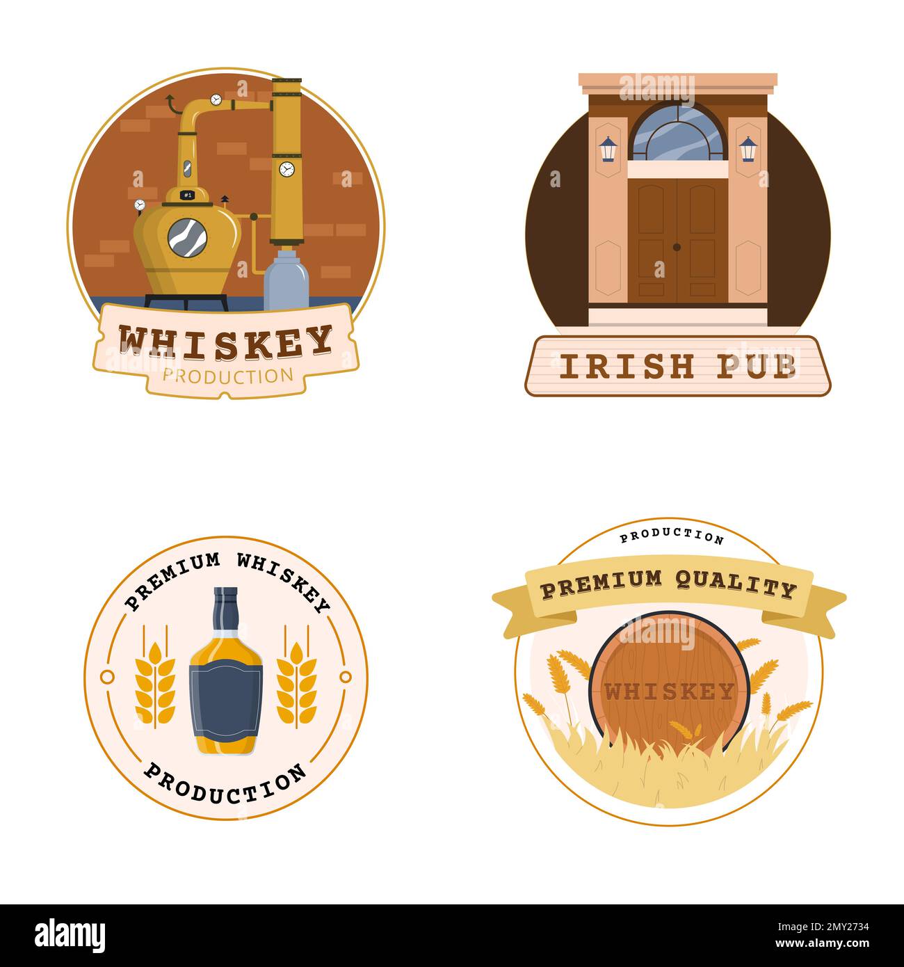 Whiskey production flat 2x2 set of isolated compositions with editable text on emblem badges and ...