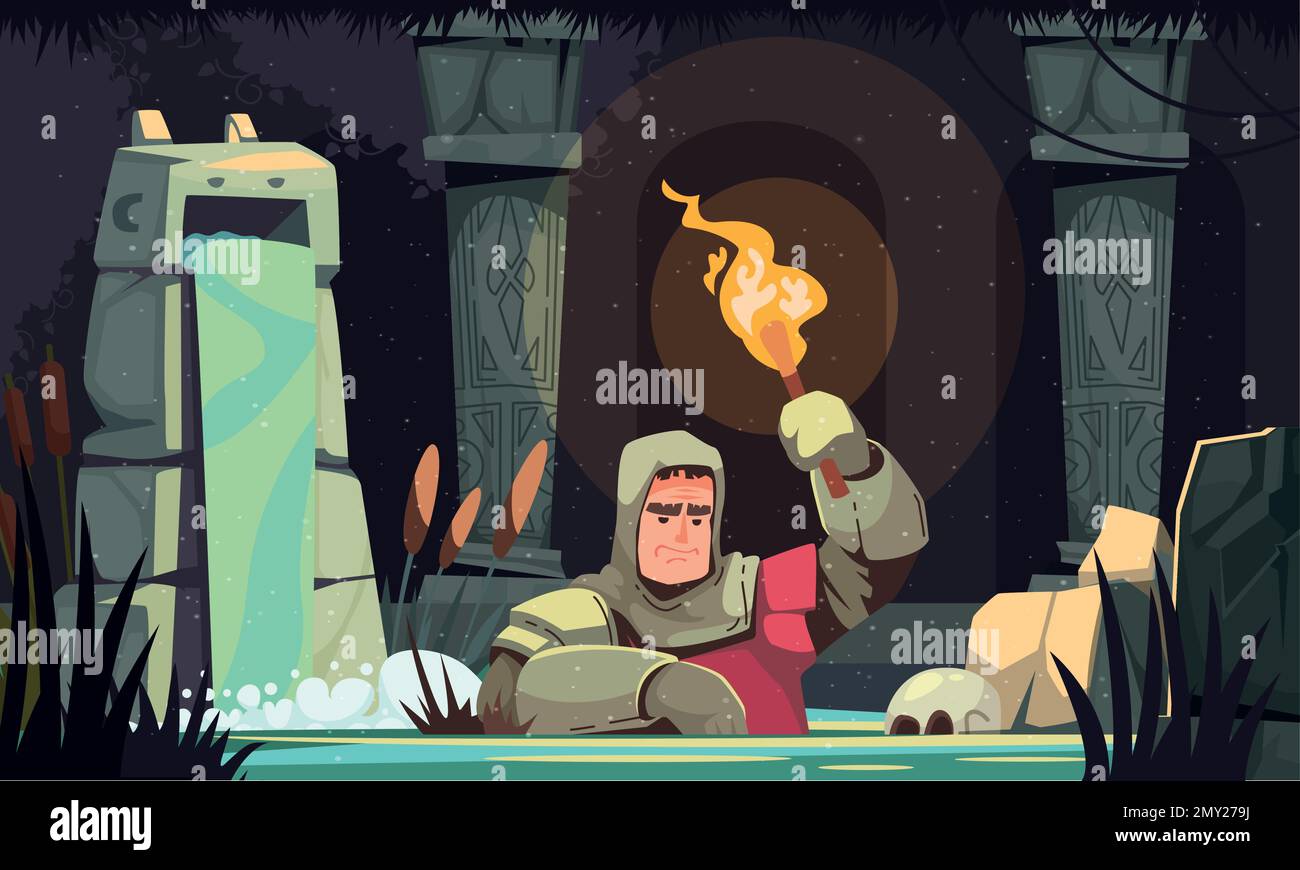 Dungeon cartoon concept with armoured man holding torch in medieval ...