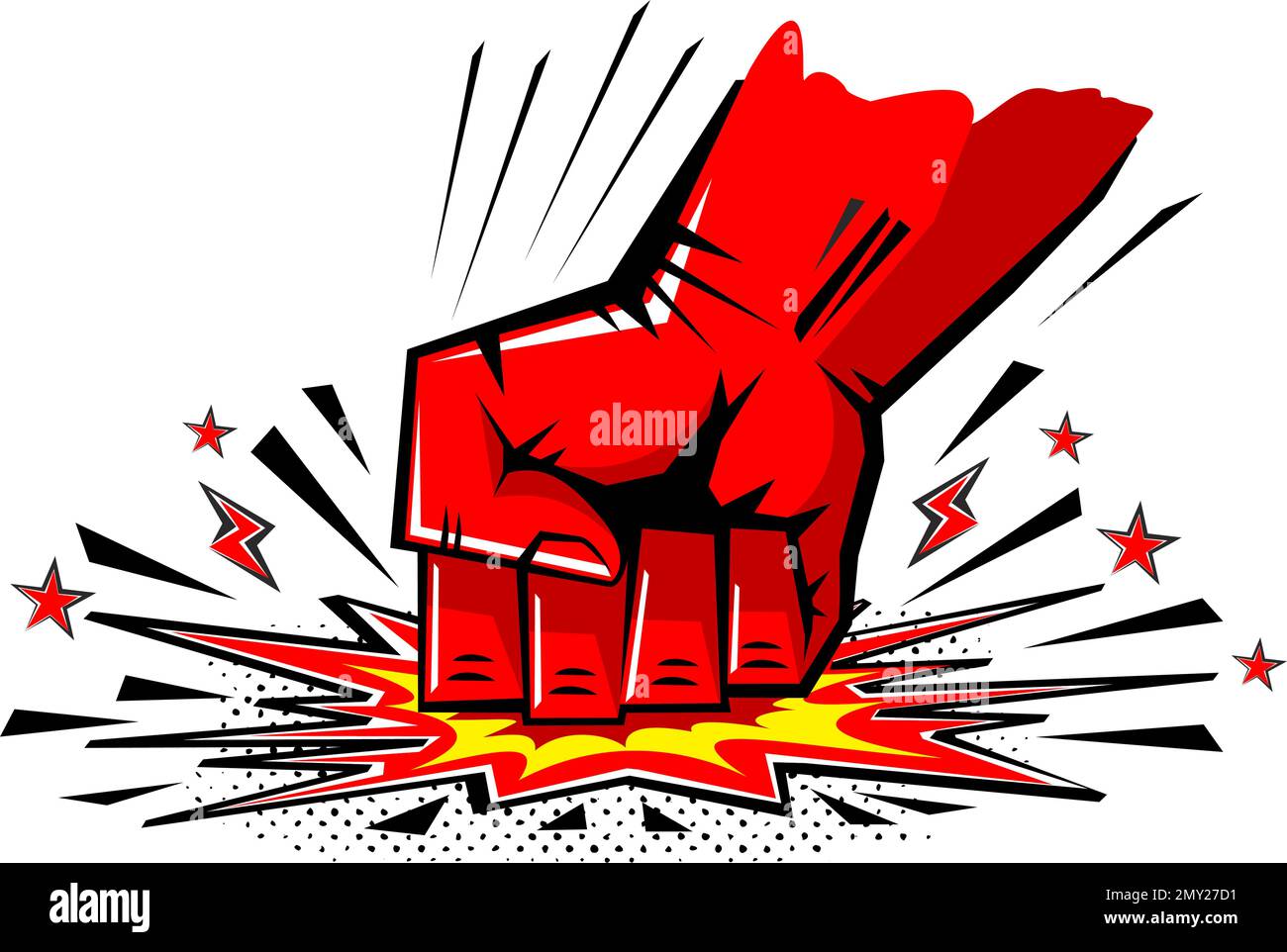 Explosive blow fist, strong punch from above drawn in comic style. Fist ...