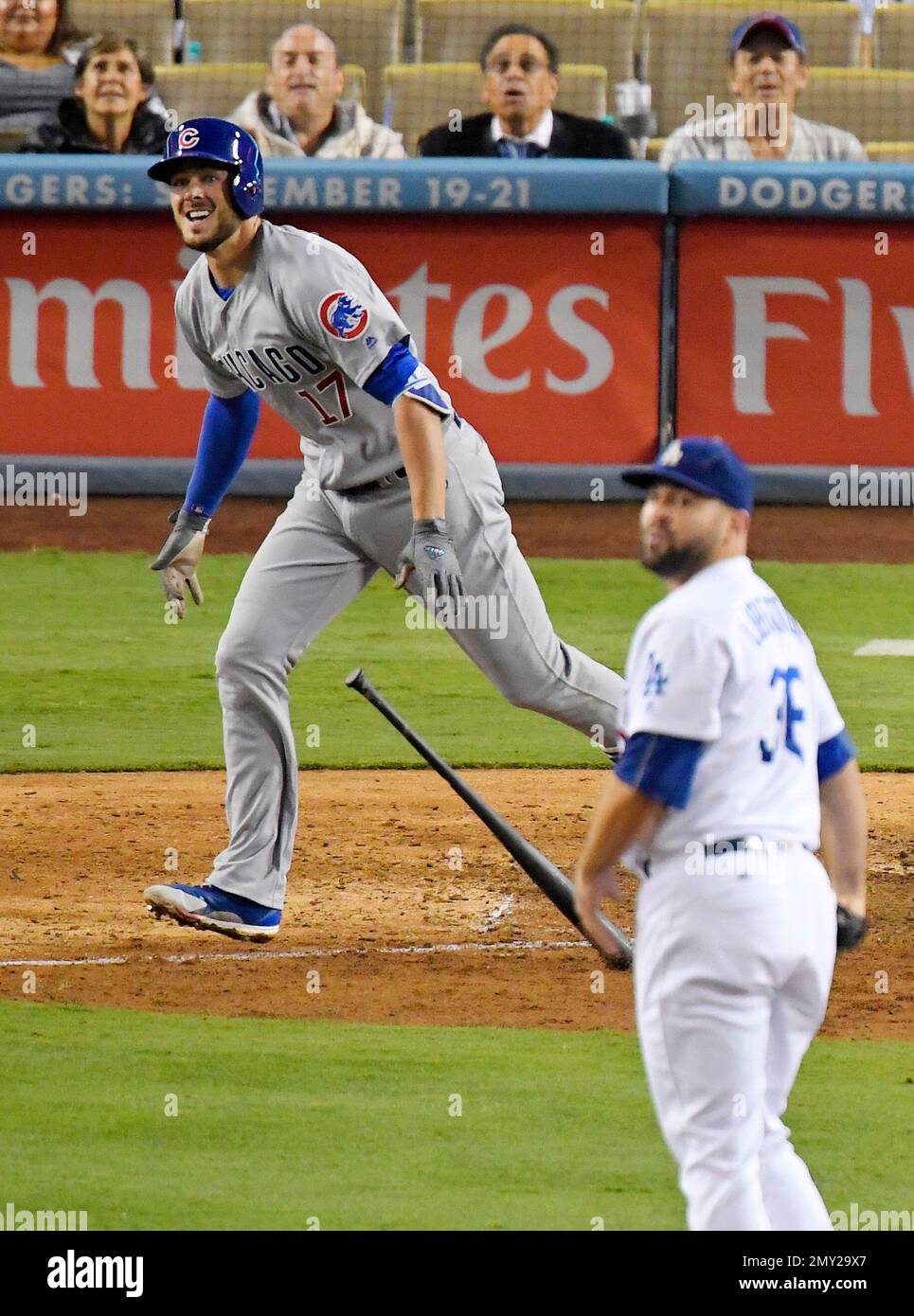 Chicago Cubs' Kris Bryant, left, and Los Angeles Dodgers relief pitcher ...